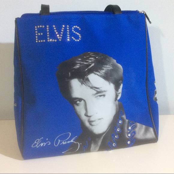 Bags | Elvis Presley Blue Tote Bag Rhinestones Purse Top Zip Pockets ...